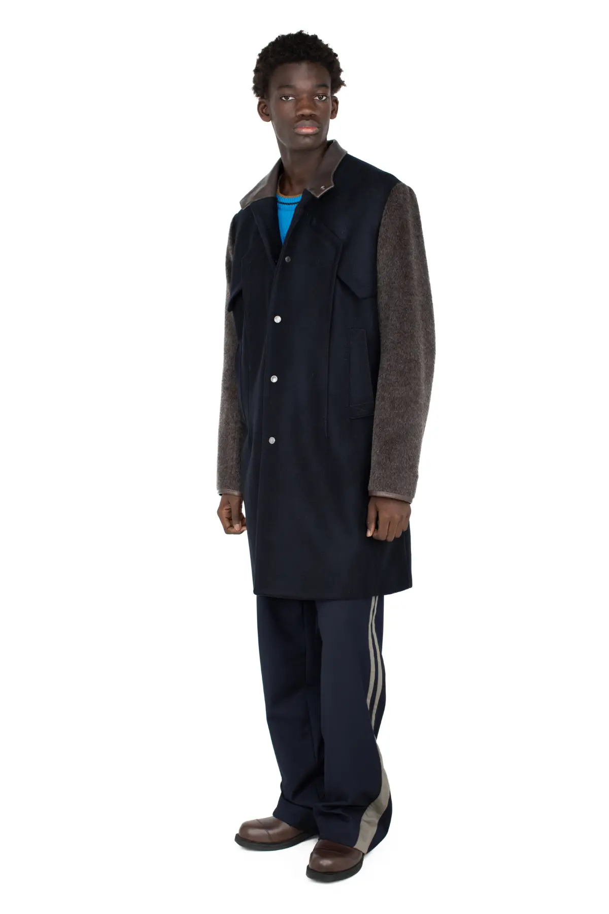 KRANER WOOL COAT - ROYAL BLUE/SMOKE GREY/WASHED BROWN – KIKO KOSTADINOV