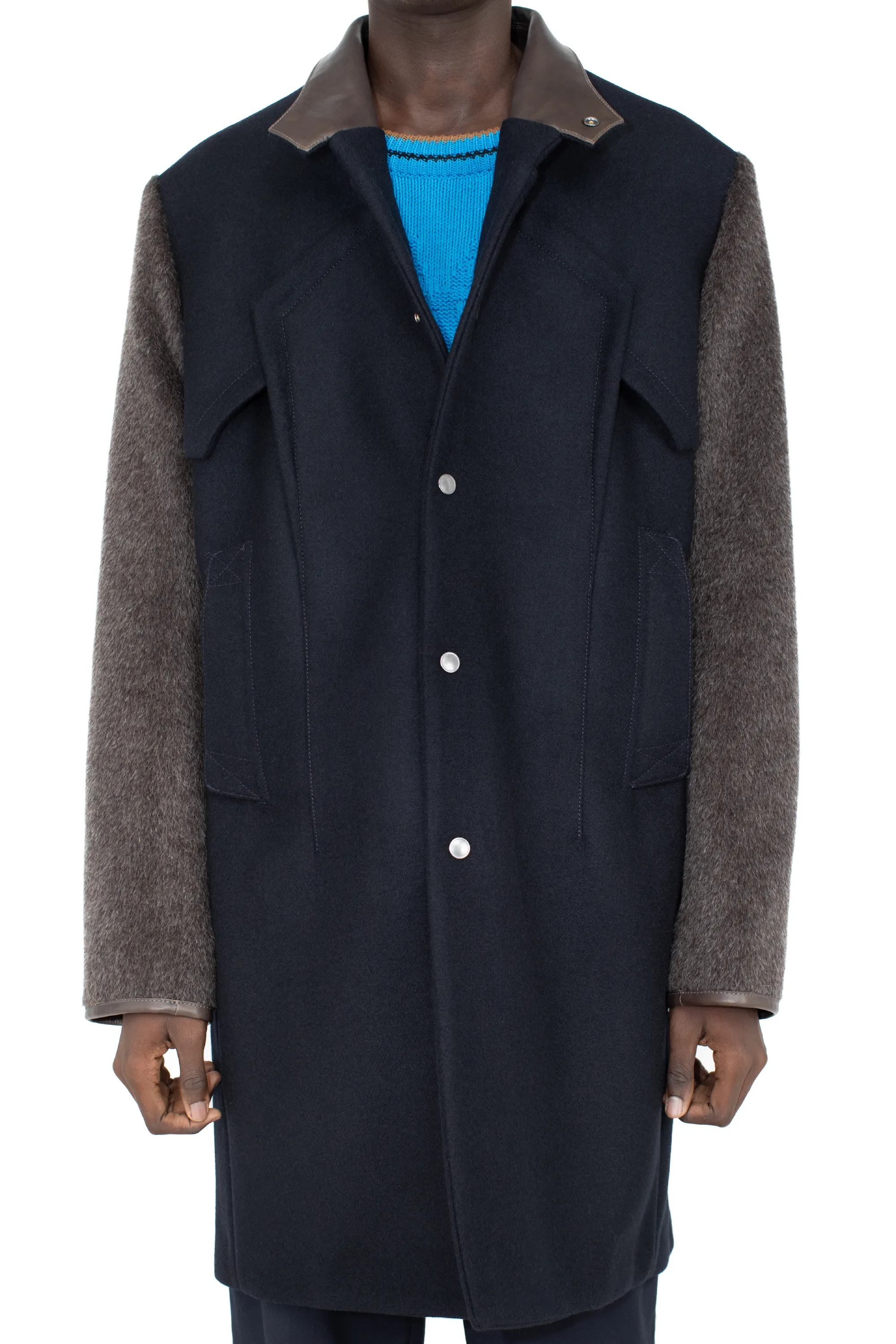 KRANER WOOL COAT - ROYAL BLUE/SMOKE GREY/WASHED BROWN – KIKO KOSTADINOV